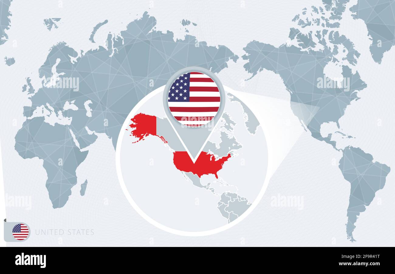 Pacific Centered World map with magnified USA. Flag and map of USA on ...