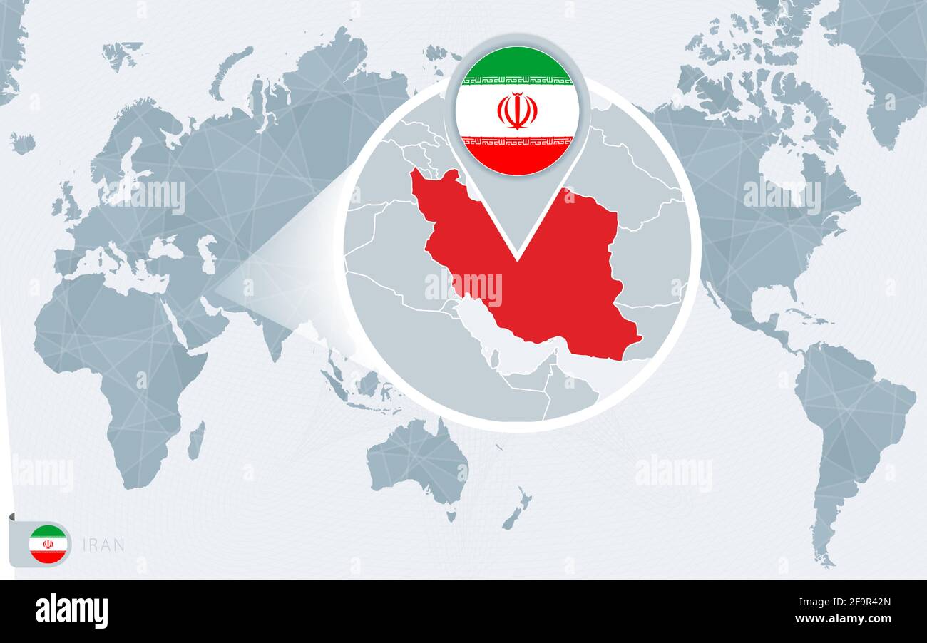 Pacific Centered World map with magnified Iran. Flag and map of Iran on ...