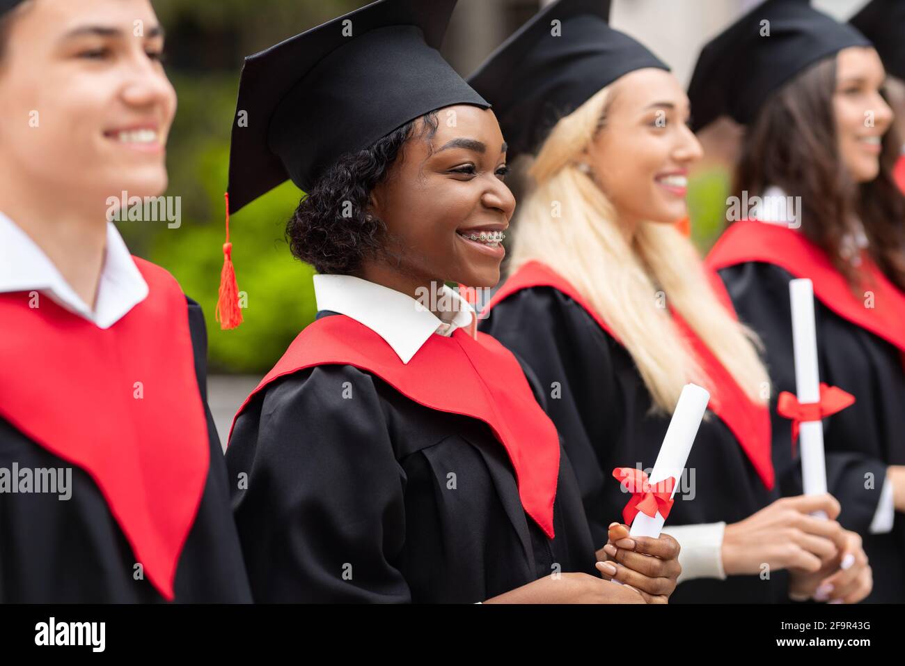 International group of students having graduation party, closeup Stock ...