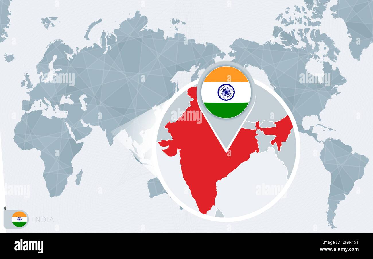 Pacific Centered World map with magnified India. Flag and map of India ...