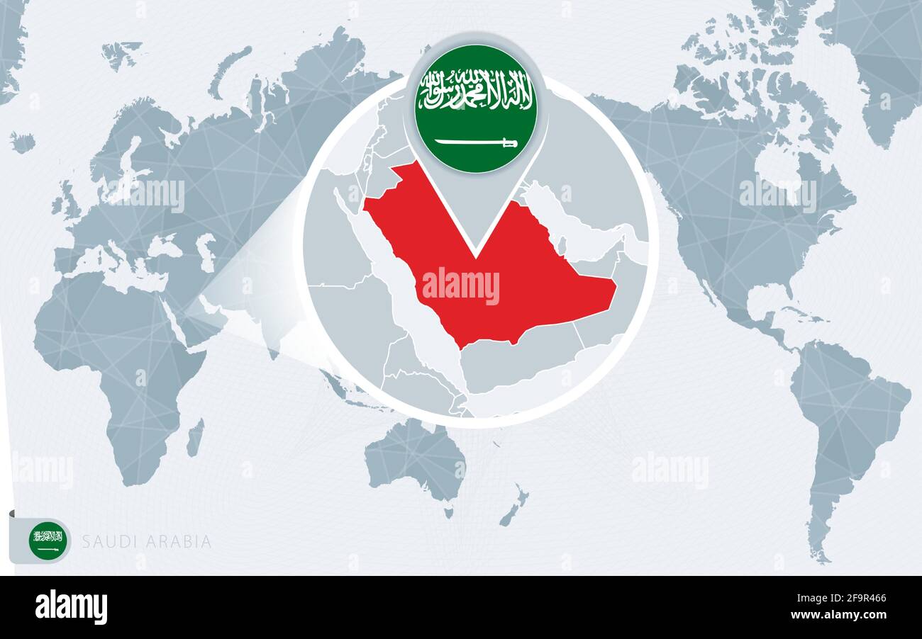 Pacific Centered World map with magnified Saudi Arabia. Flag and map of ...