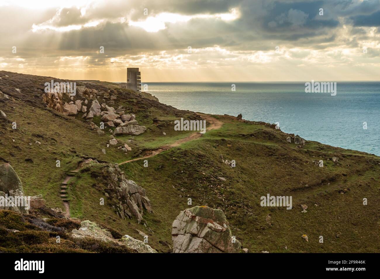 La Manche coastline landscape with WWII concrete nazi naval tower on ...