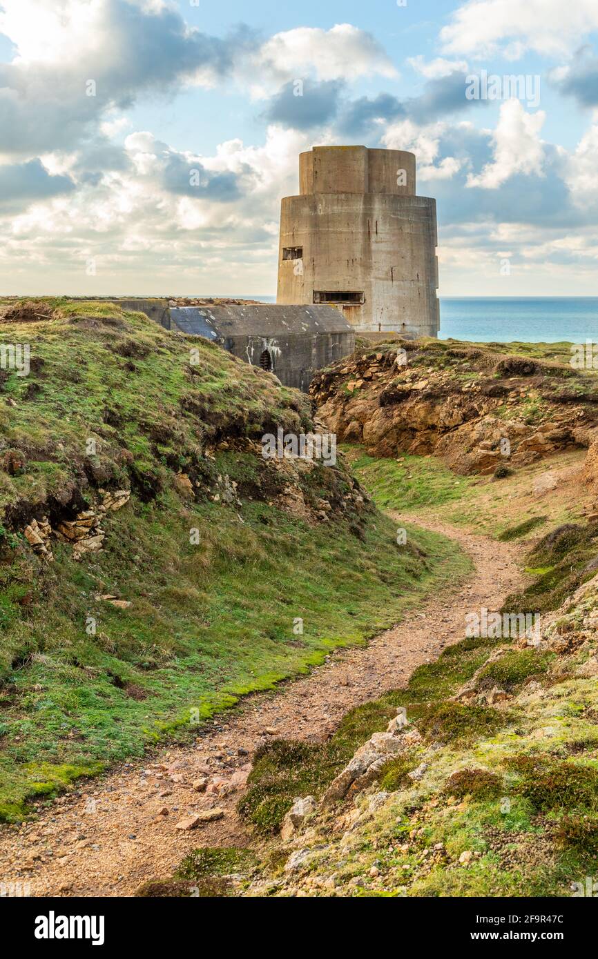WWII concrete nazi naval tower on the seashore, Saint Quen, bailiwick ...