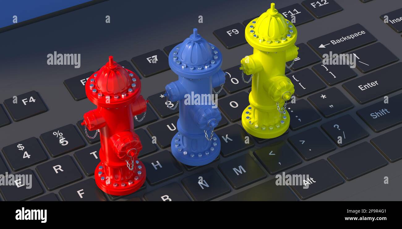 Fire hydrants on black computer laptop. Three extinguishers red, blue ...