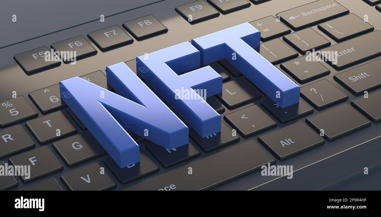 NFT Non Fungible Token blue text on computer keyboard background ...