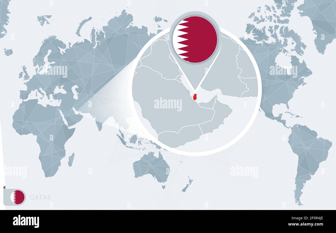 Pacific Centered World map with magnified Qatar. Flag and map of Qatar ...