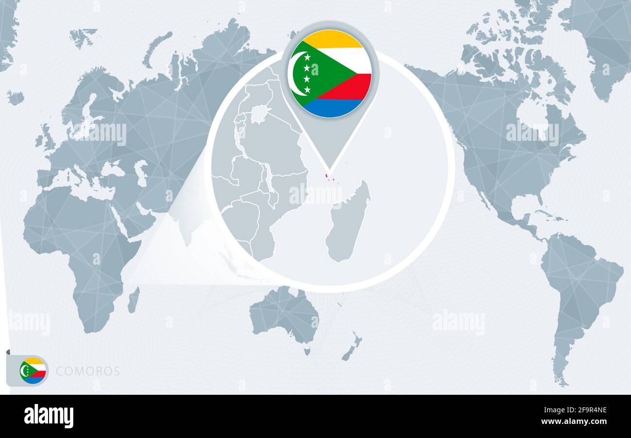 Pacific Centered World map with magnified Comoros. Flag and map of ...