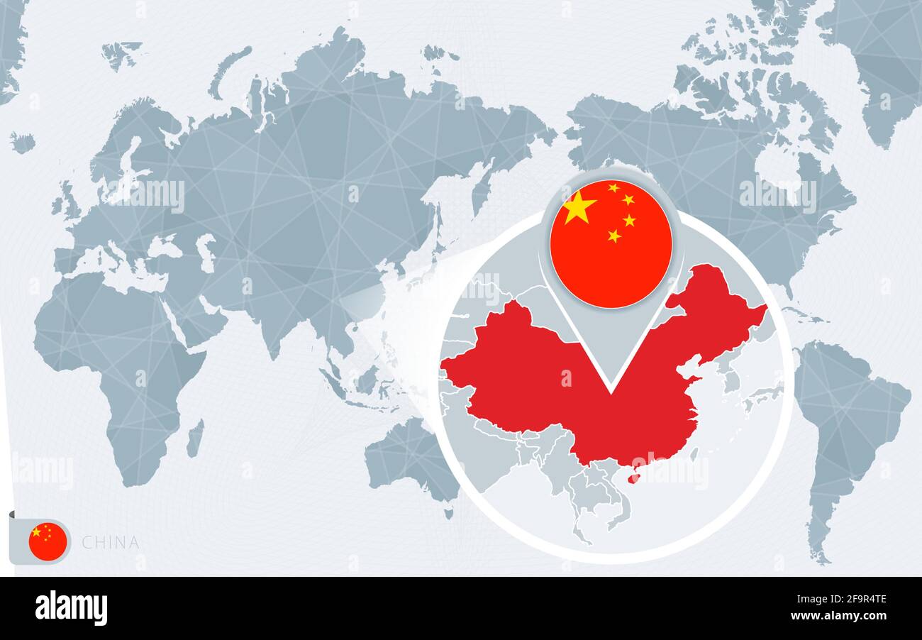 Pacific Centered World map with magnified China. Flag and map of China ...