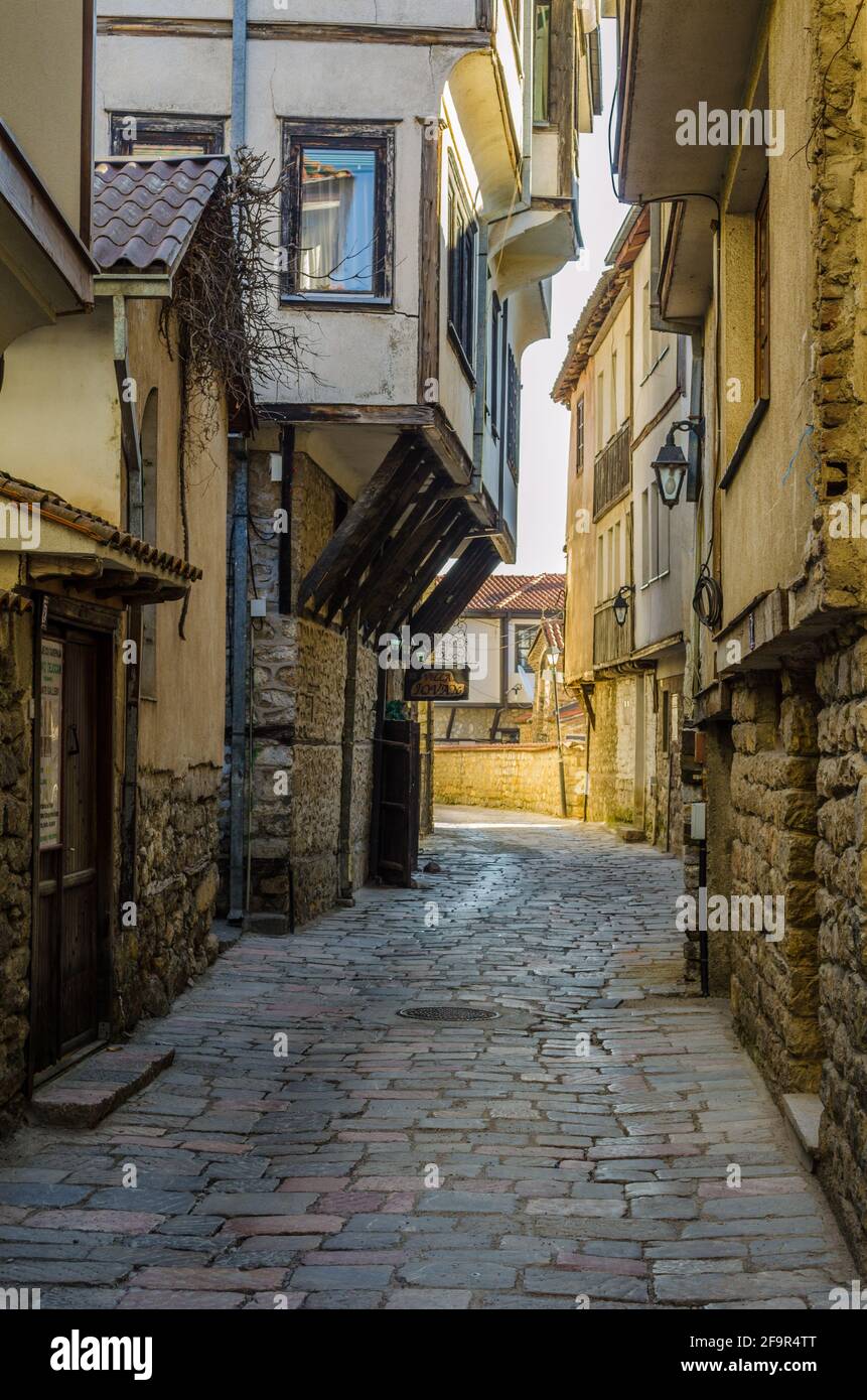 view of a typical street in the historical street of ohrid, macedonia ...