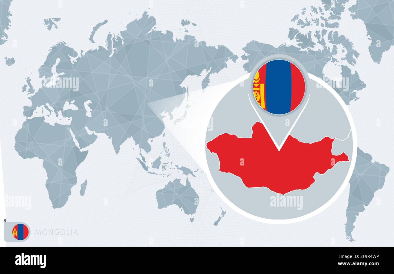 Pacific Centered World map with magnified Mongolia. Flag and map of Mongolia on Asia in Center ...