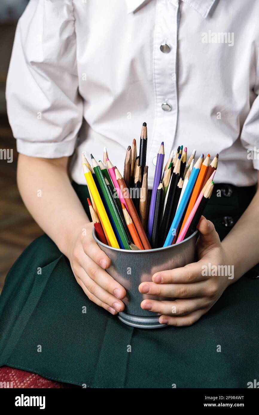 Collection of colored pencils. Close up. Drawing School Background ...