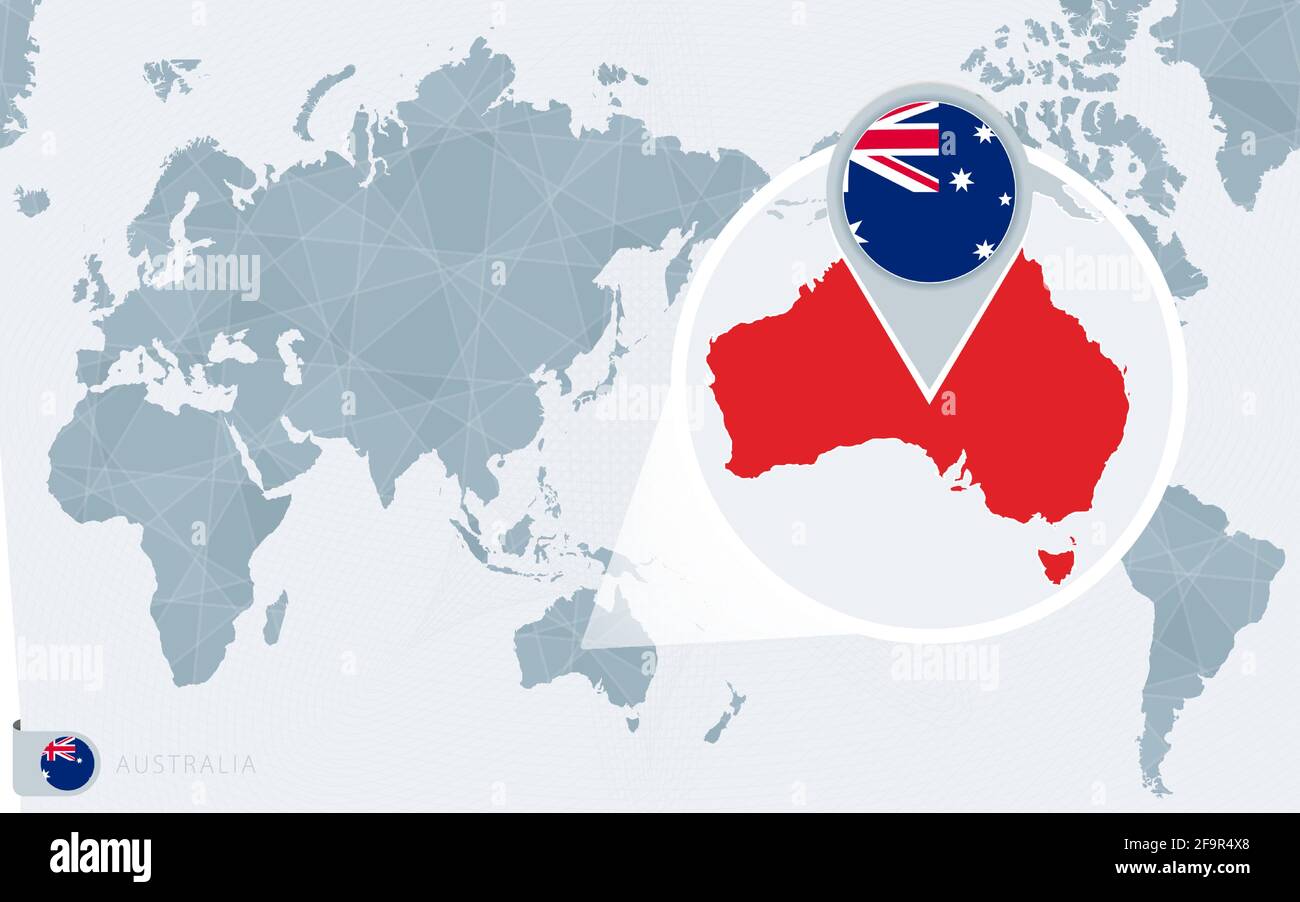 Pacific Centered World map with magnified Australia. Flag and map of ...