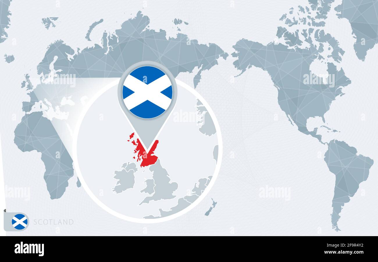 Pacific Centered World map with magnified Scotland. Flag and map of ...