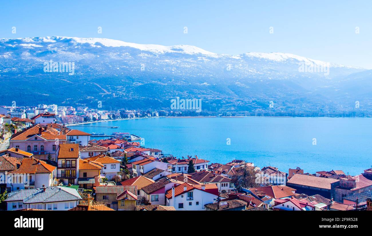 aerial view of a coast in macedonian city ohrid which is included in ...