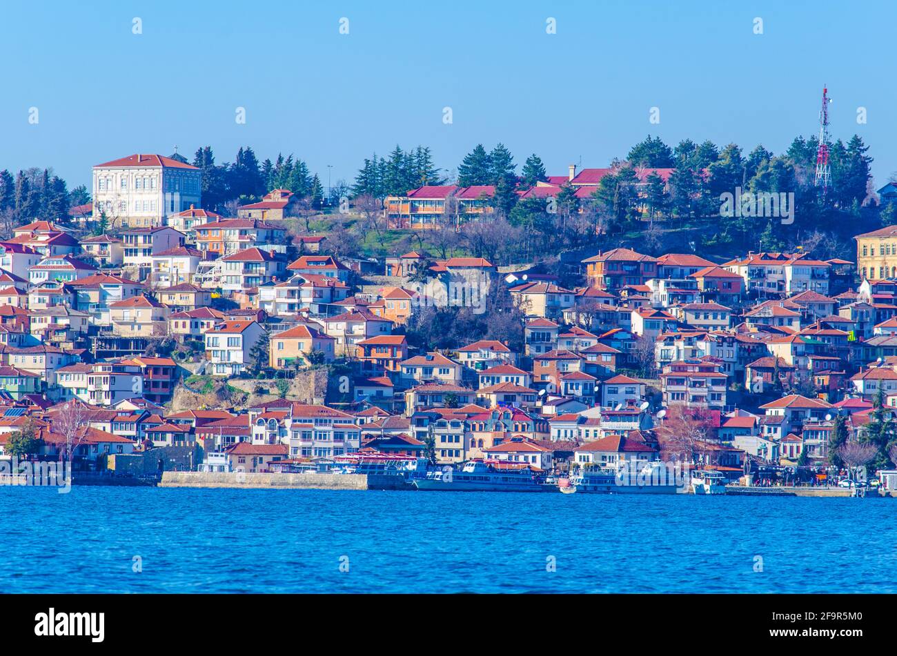 View of Ohrid old town and old fortress from a boat. Lake Ohrid is one ...