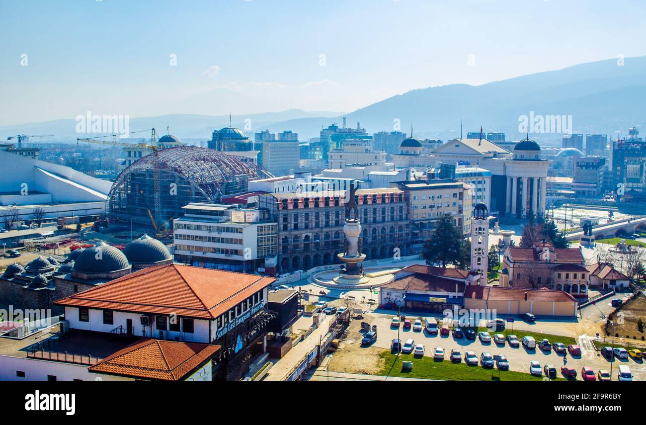 aerial view of macedonian capital skopje taken from the kale fortress ...