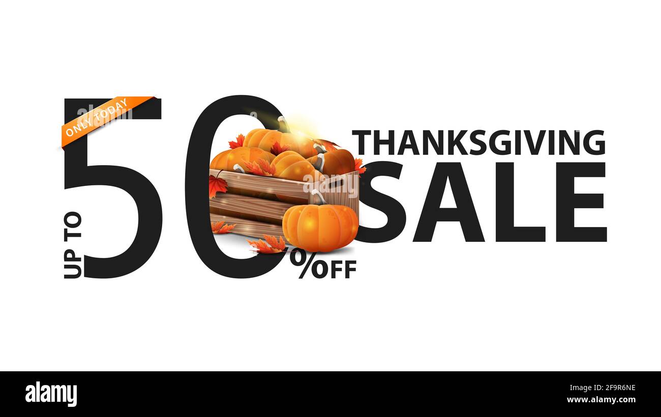 Thanksgiving sale, up to 50 off, creative white banner with wooden ...