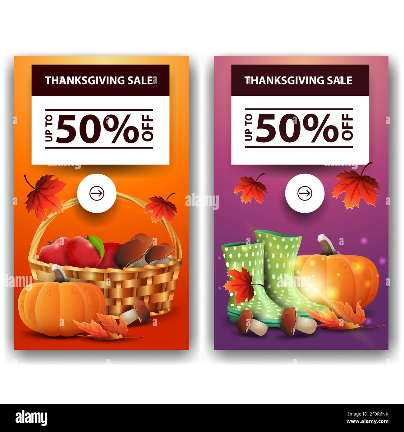 Thanksgiving sale, up to 50 off, two vertical discount banners. Orange ...
