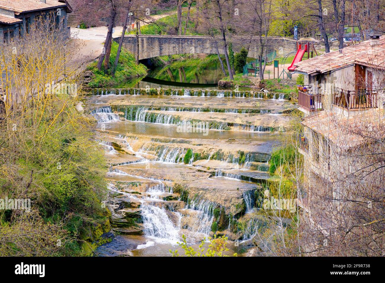 Aerial view of the set of waterfalls produced by the Rupit stream as it ...