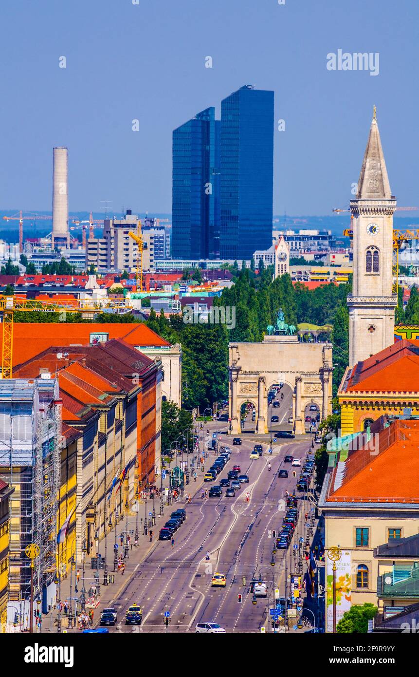 Aerial view of ludwigstrasse in munich with famous siegestor gate and ...