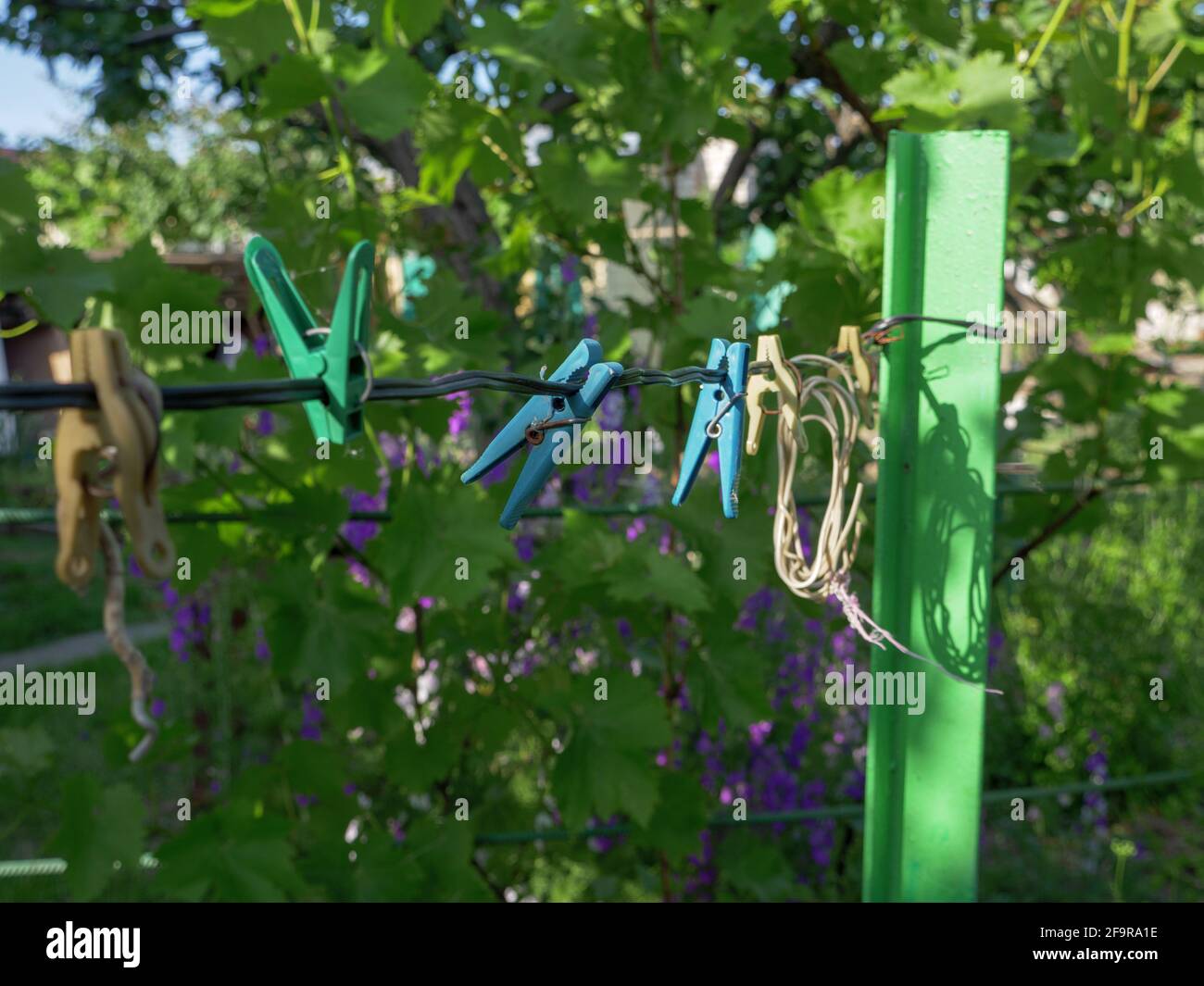 Colorful pins hanging on a wire in the yard outdoors. Rural background ...