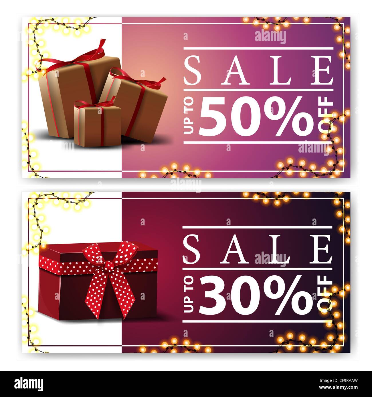 Set horizontal discount banners with gift boxes and garland Stock Photo ...