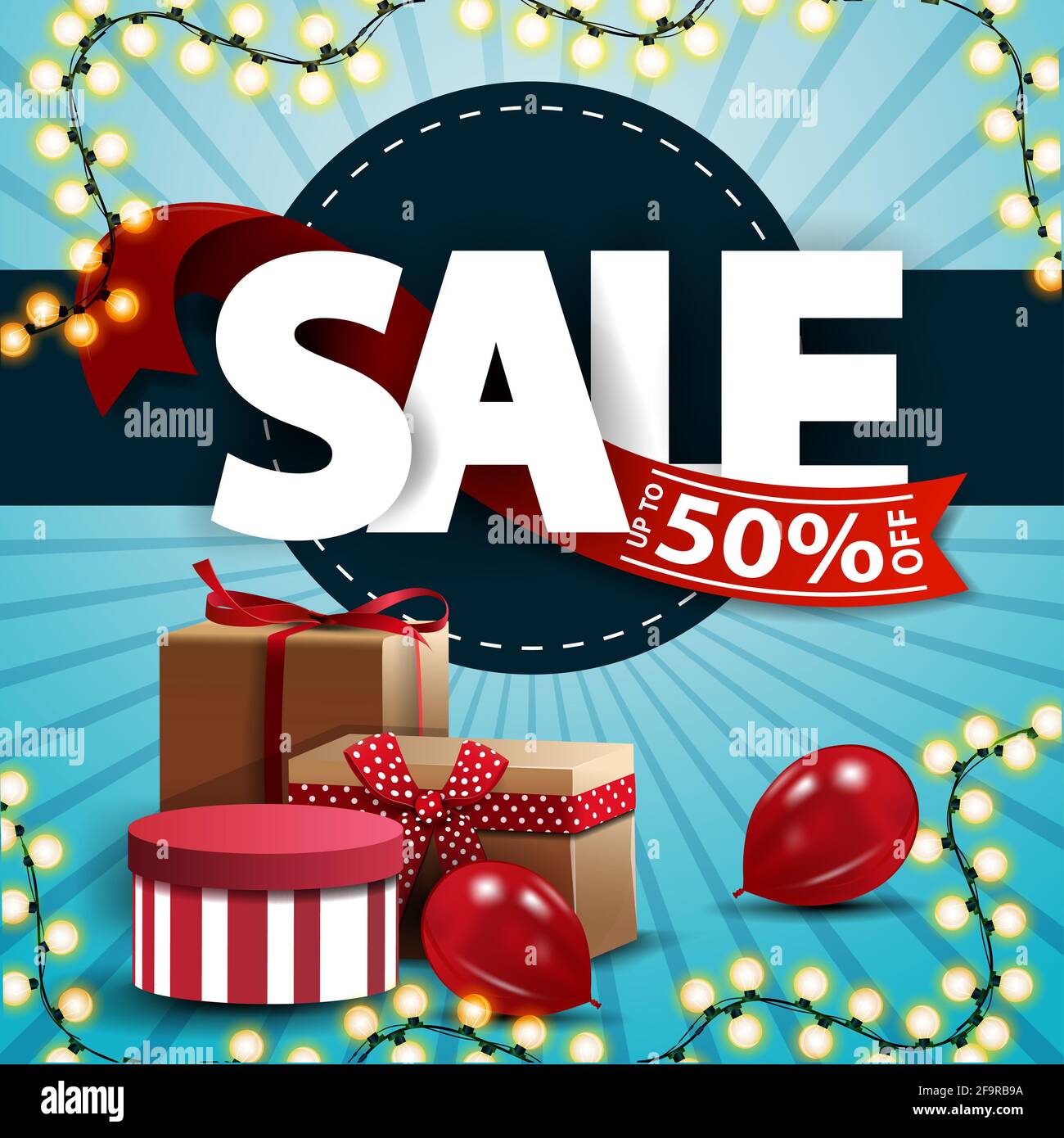 Discount blue square banner with gifts and large letters Stock Photo ...