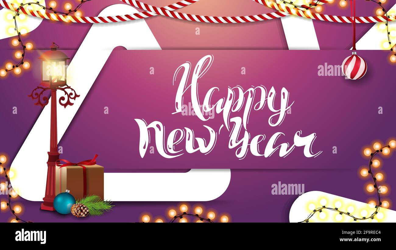 Happy New Year, pink horizontal greeting card with beautiful lettering ...