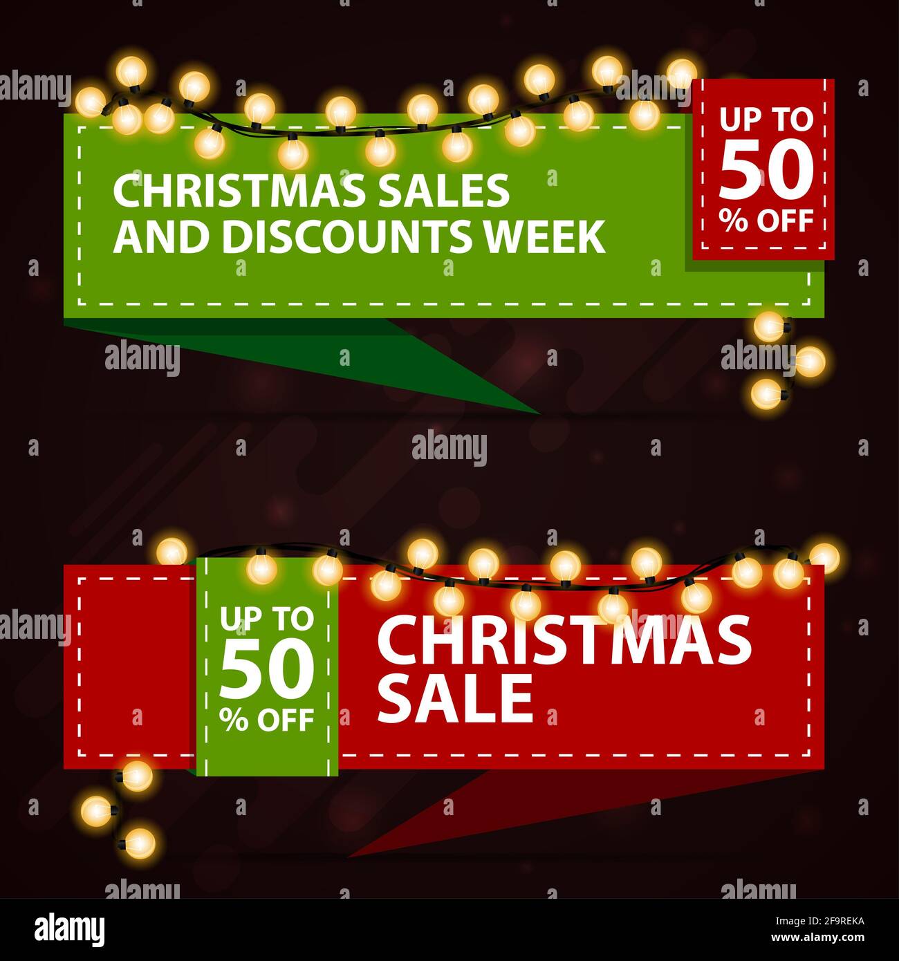 Christmas discount banners in the form of ribbons. Red and green ...