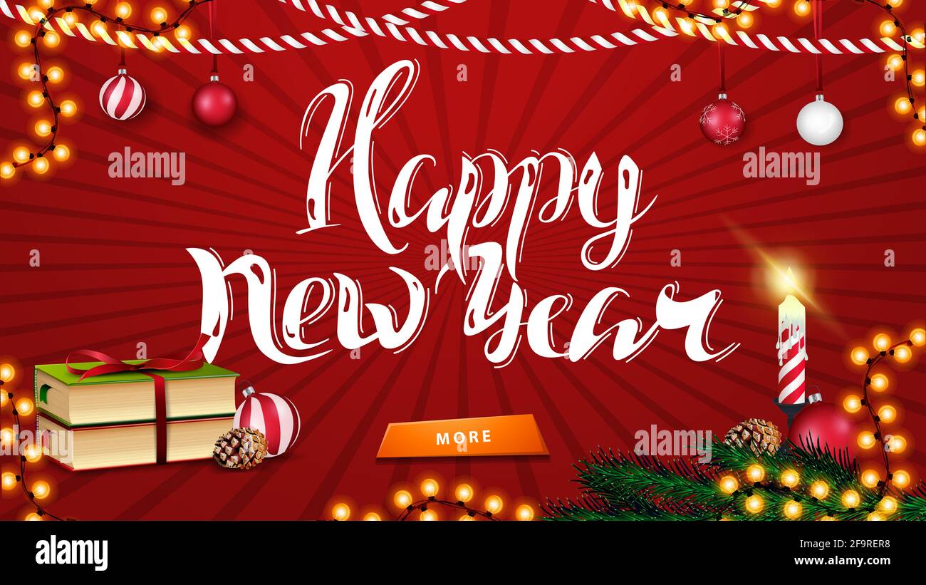 Happy New Year, red horizontal greeting card with beautiful lettering ...