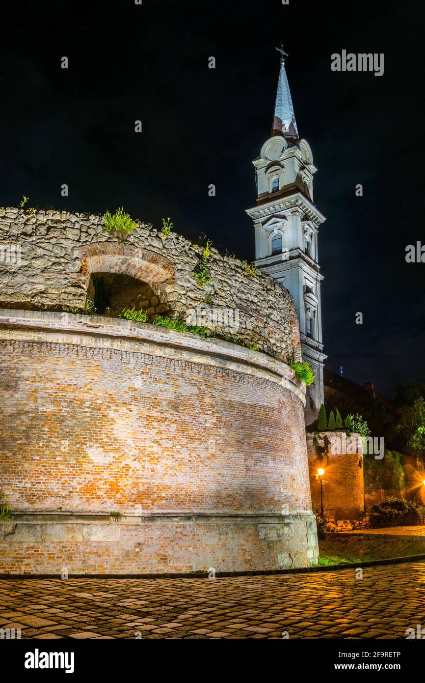 Night view of the illuminated church of saint george and a medieval ...