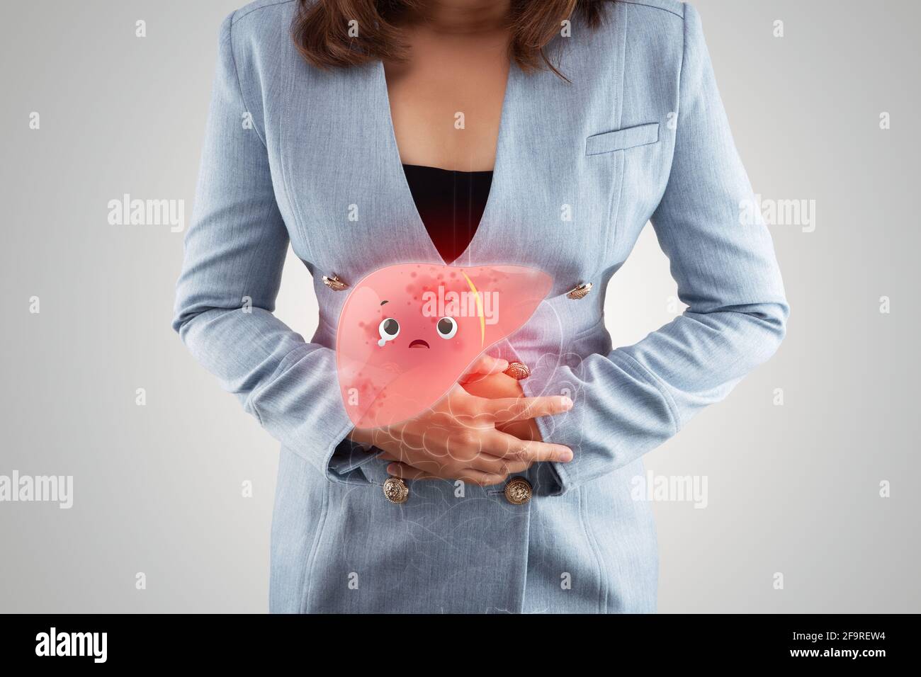 Illustration sick liver on woman's body against gray background ...