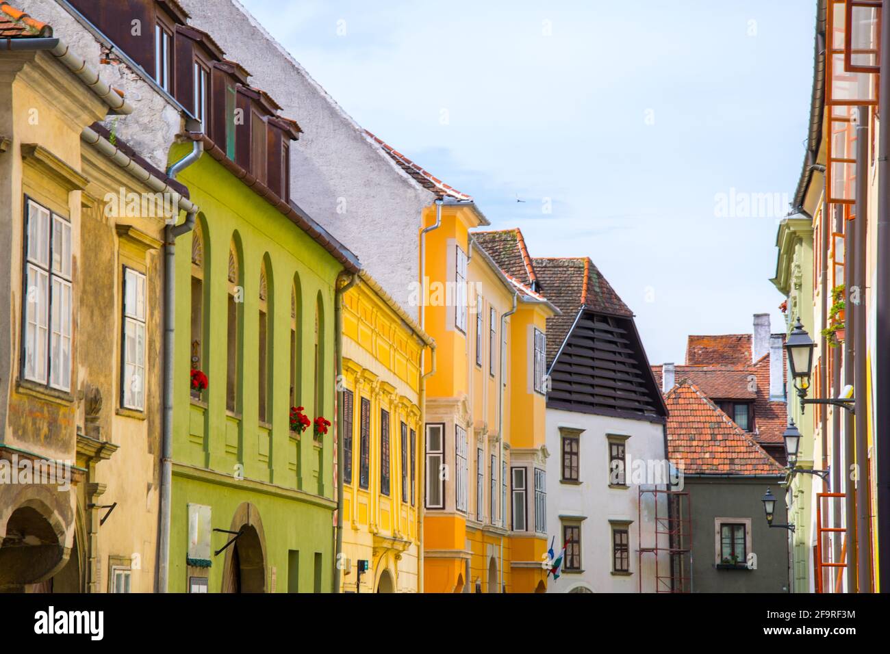 Colorful facades of historical houses in center of the hungarian city ...
