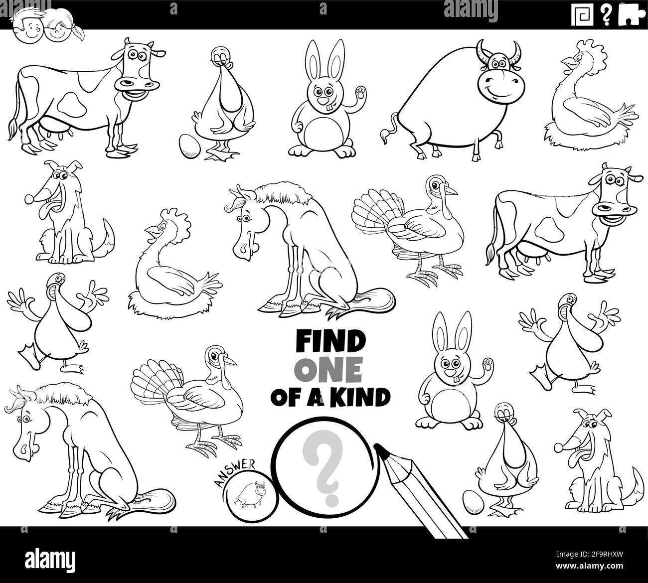 Black and white cartoon illustration of find one of a kind picture ...