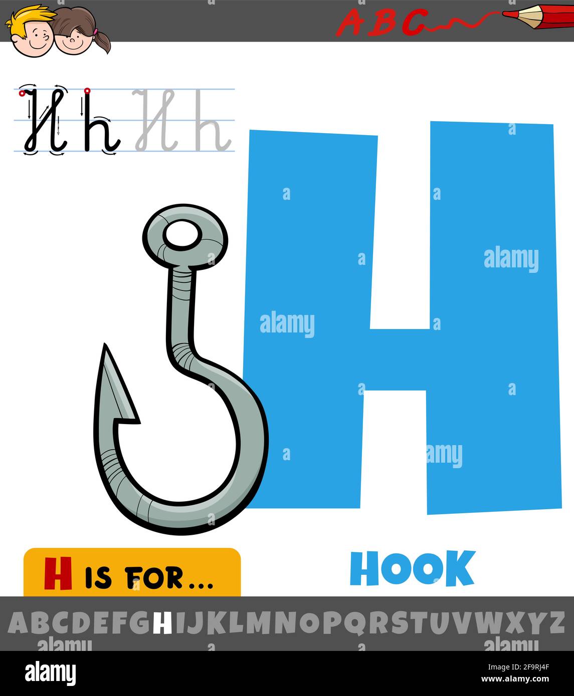 Educational cartoon illustration of letter H from alphabet with hook ...