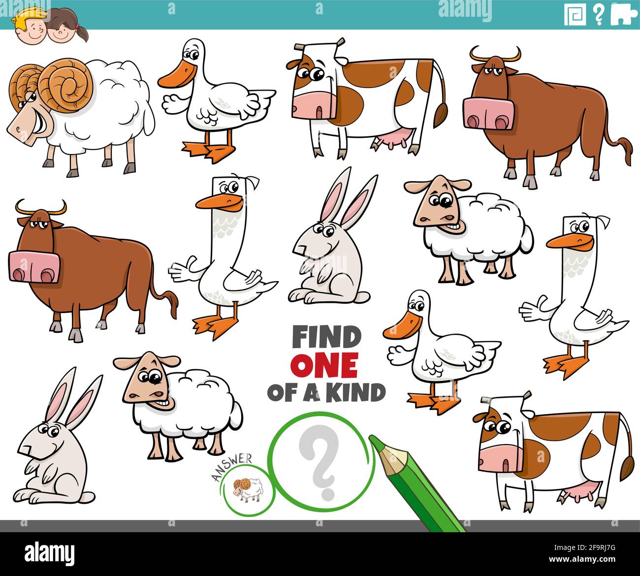 Cartoon illustration of find one of a kind picture educational task ...