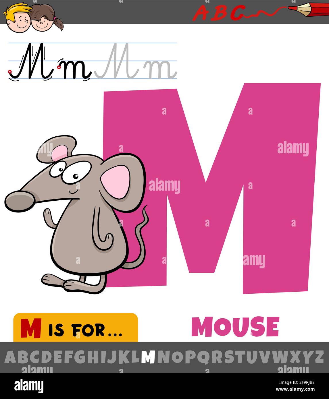 Educational cartoon illustration of letter M from alphabet with mouse ...