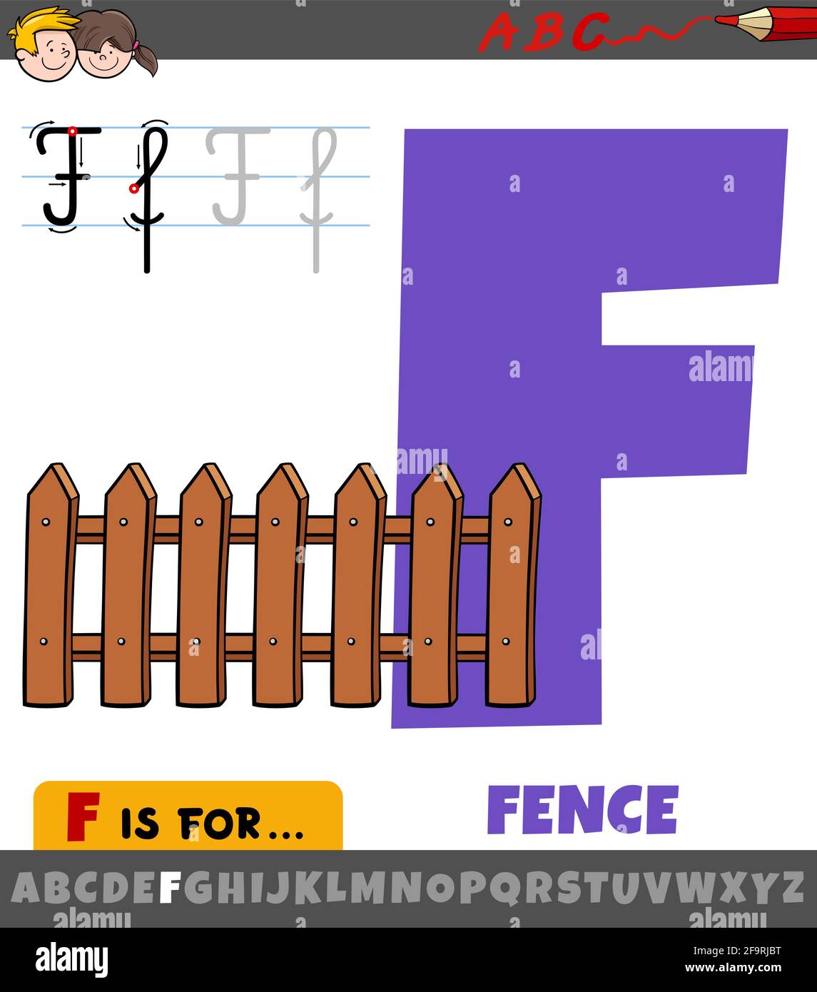 Educational cartoon illustration of letter F from alphabet with fence ...
