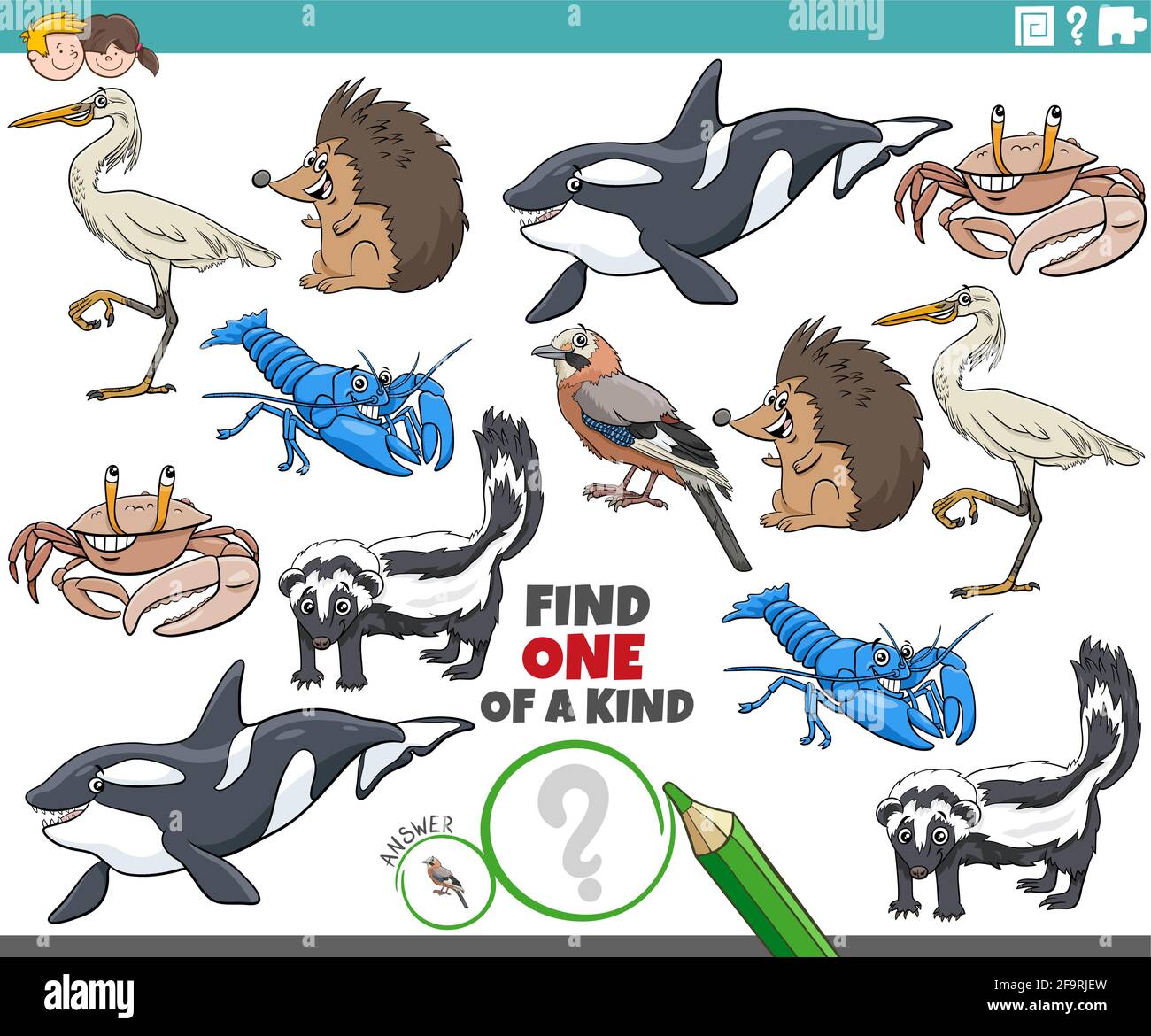 Cartoon illustration of find one of a kind picture educational game ...