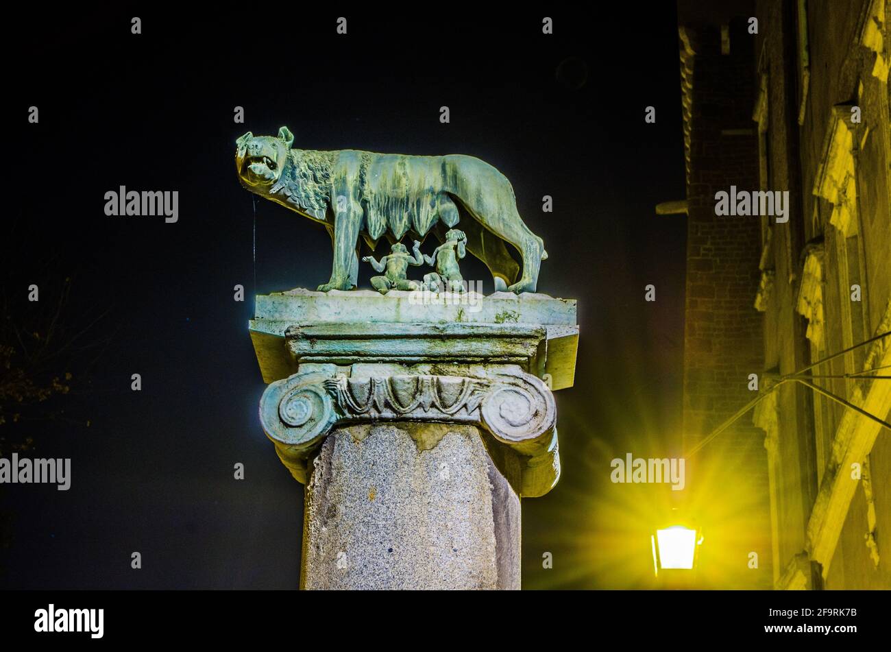night detail of symbol of rome: she-wolf breastfeeding romulus and ...