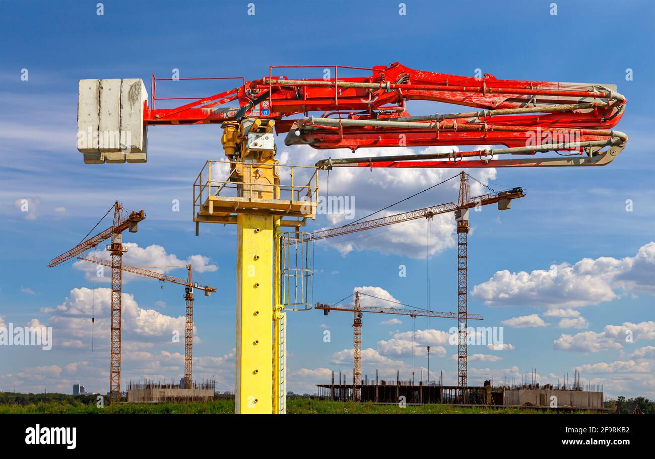 Construction concrete pump (pump truck) on the background construction ...