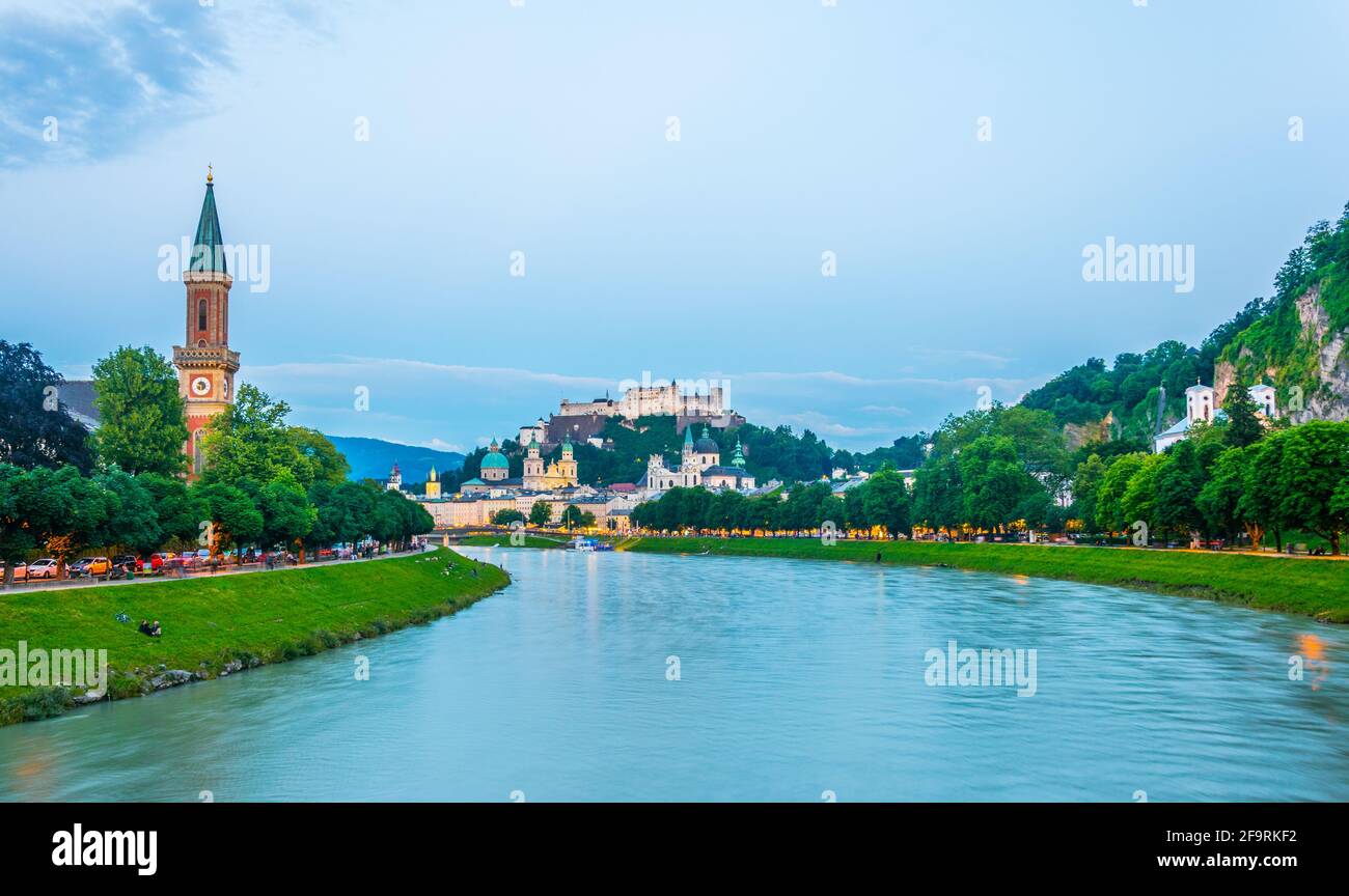 Sunset over Salzburg city dominated by the hohensalzburg fortress and ...