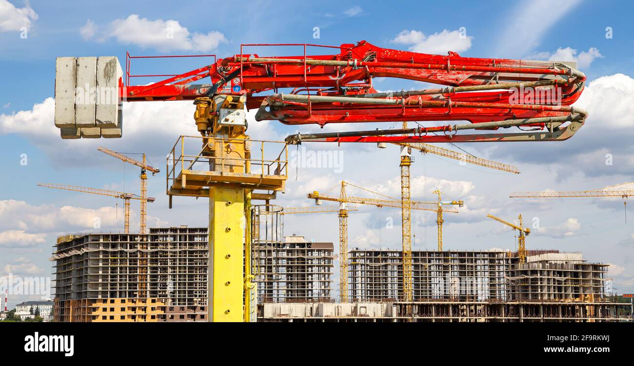 Construction concrete pump (pump truck) on the background construction ...