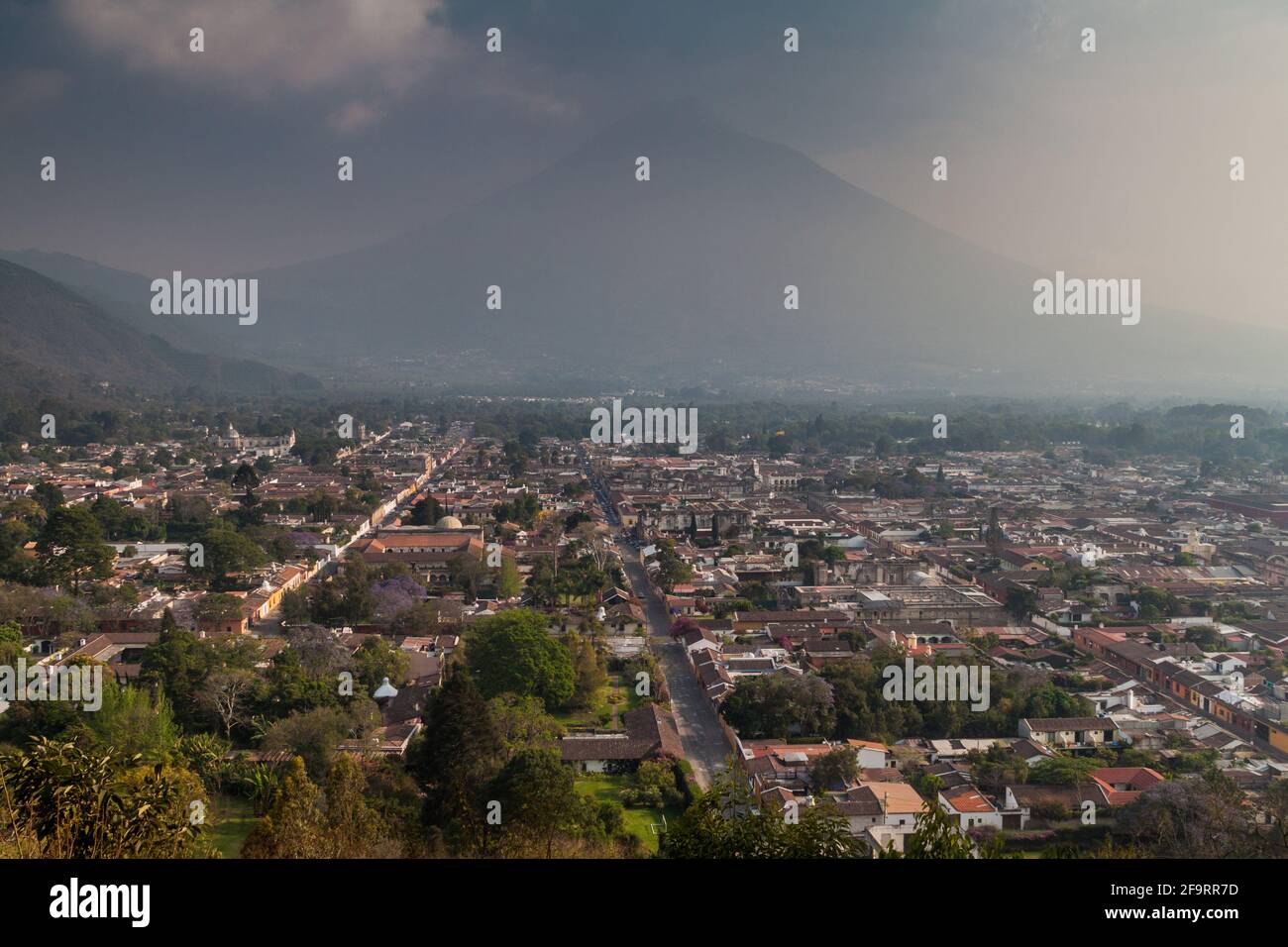 Aerial view of Antigua, Guatemala. Agua volcano in the background Stock ...