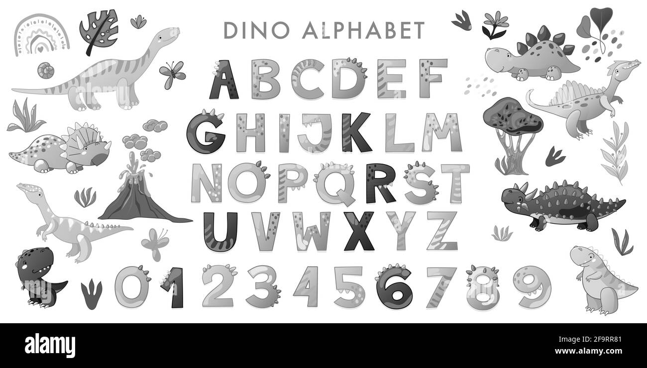 Cartoon cute Dinosaur alphabet black and white. Dino font with letters ...