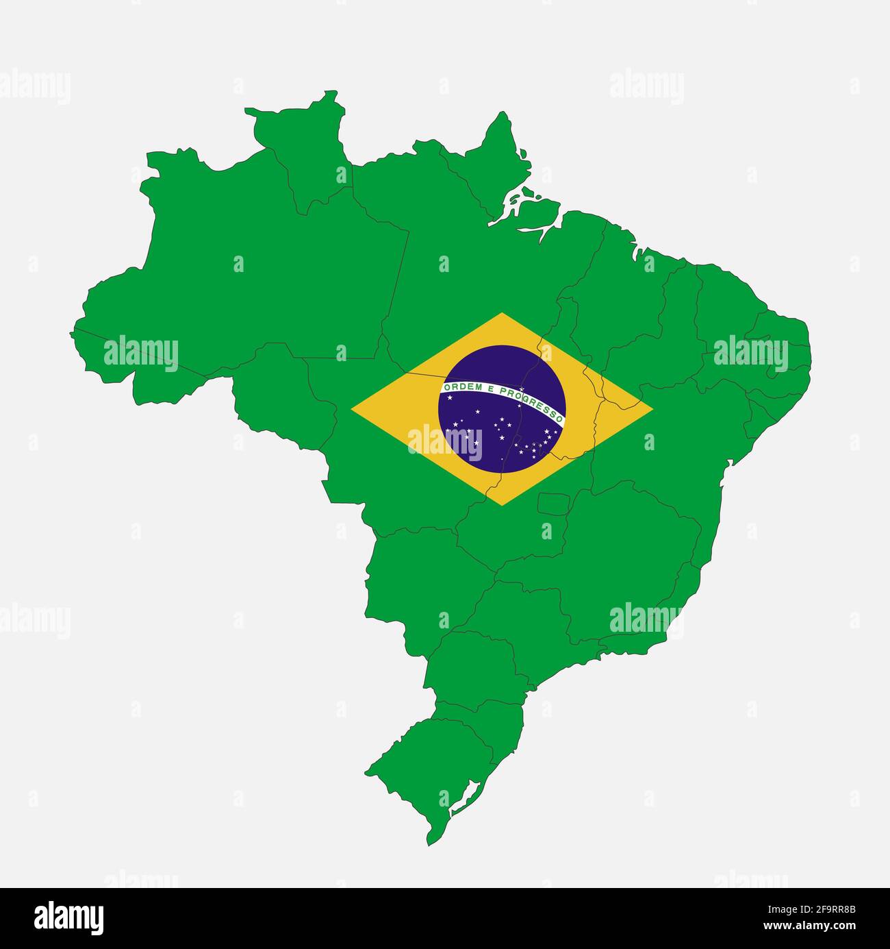 Map of the Brazil in the colors of the flag with administrative ...
