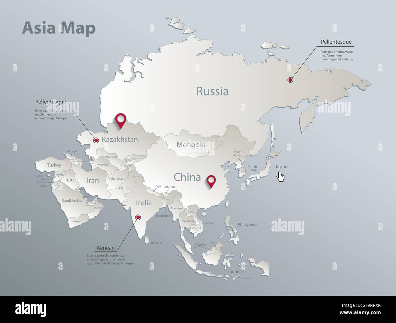 Asia map, separate states with names, blue white card paper 3D vector ...