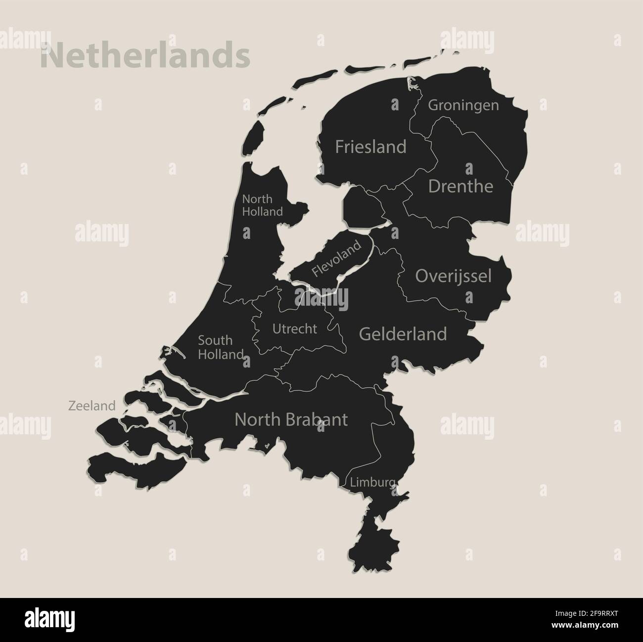 Black map of Netherlands with names of regions, design blackboard ...