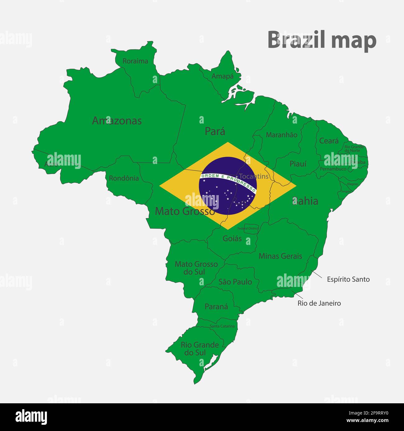 Map of the Brazil in the colors of the flag with administrative ...