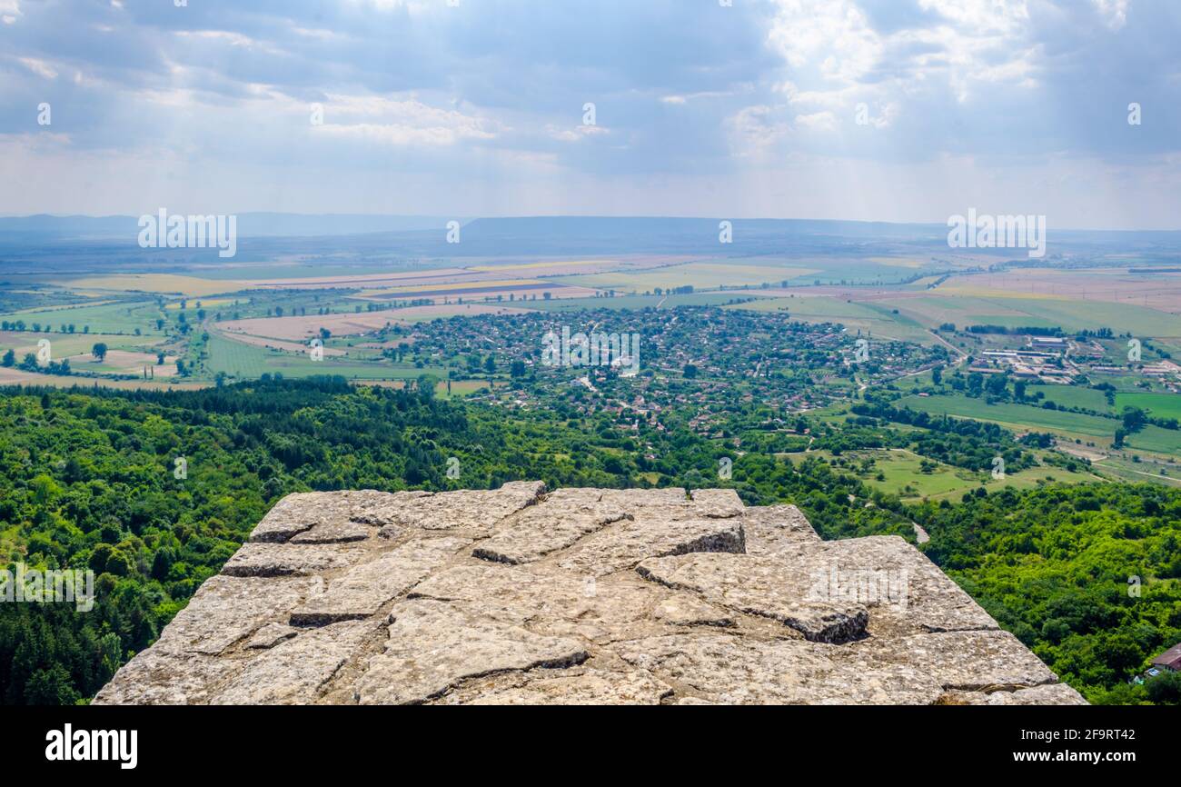 aerial view of bulgarian city madara situated on the shumen plateau and ...